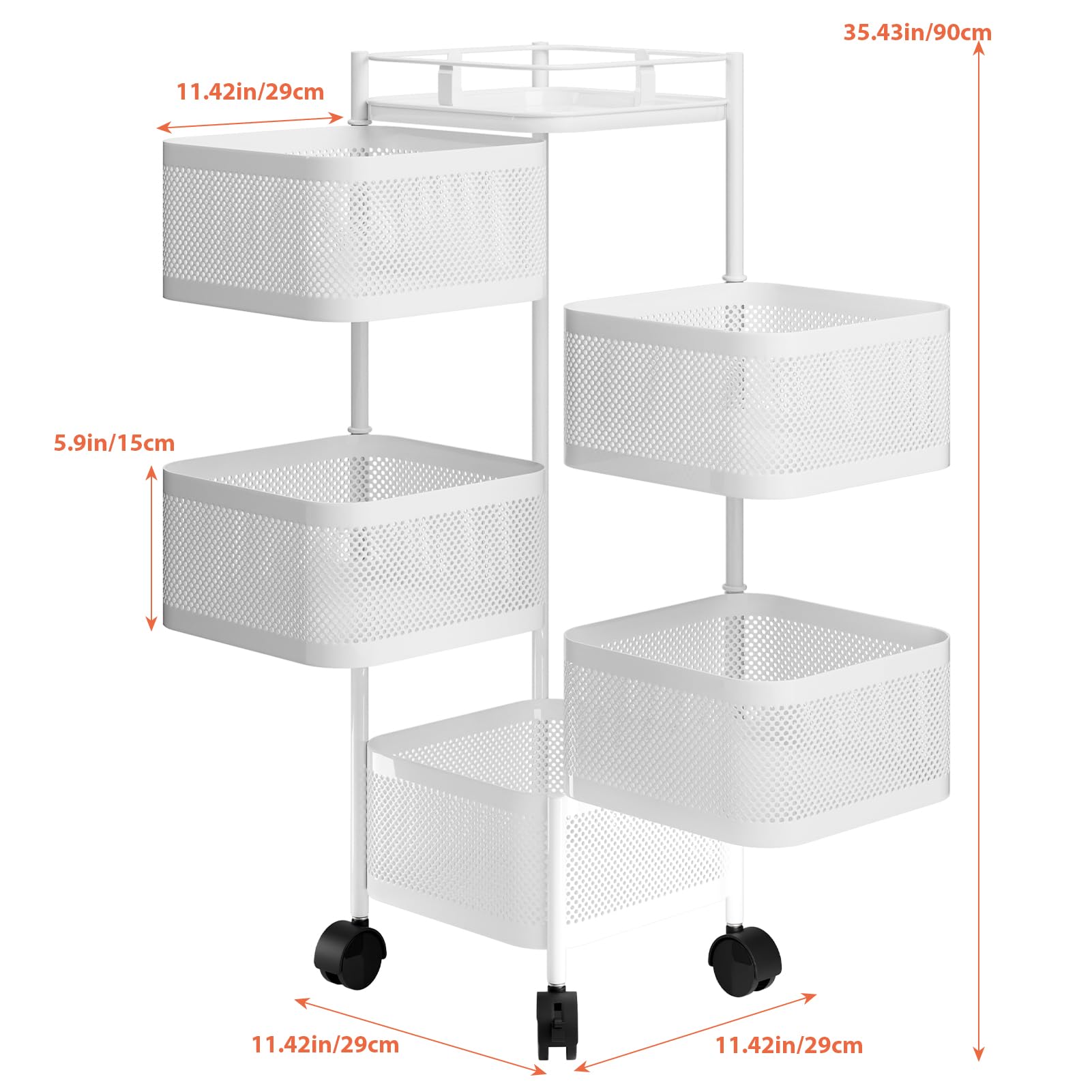 loyliawa Fruit Basket for Kitchen, Rotating Storage Rack for Kitchen, 4/5 Tier Square Rotating Basket with 360 Degree Wheels, Fruit Vegetable Metal Wire Shelf with Top Lid for Kitch White 5-Layers