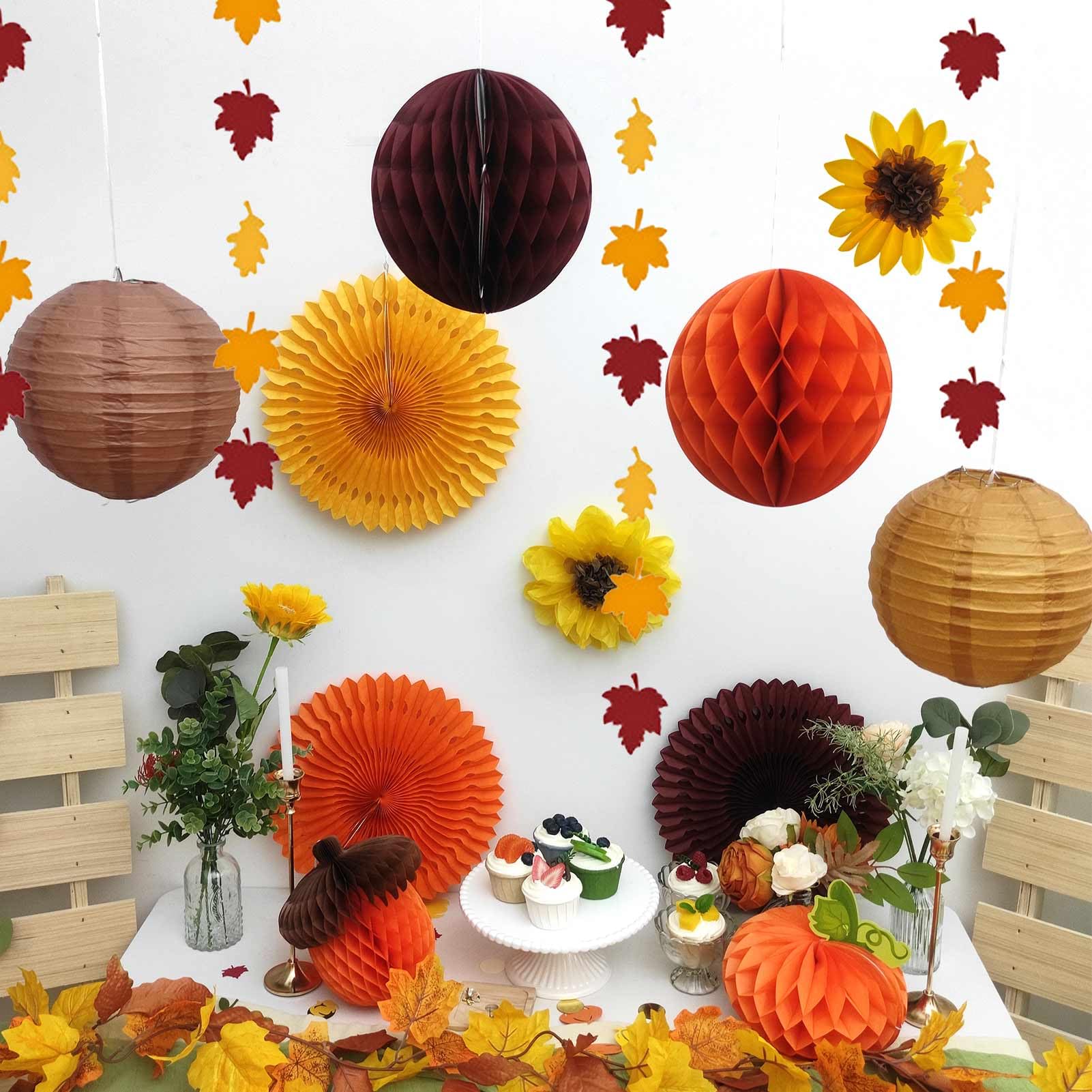 iwlorys Fall Party Decorations Set for Autumn Harvest Thanksgiving Forest Woodland Birthday Wild One Pumpkin Acorn Party Decor Baby Bridal Shower Paper Honeycomb Lanterns Maple Leaves Brown Burgundy