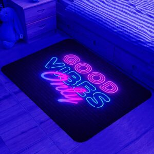 Manicer Neon Area Rug, Blacklight Good Vibes Only UV Reactive Non-Slip Door Throw Rug Fluorescent Flannel Floor Mat Carpet, Glow in The Dark Play Mat for Bedroom, Playroom - 19.7" x 31.5"