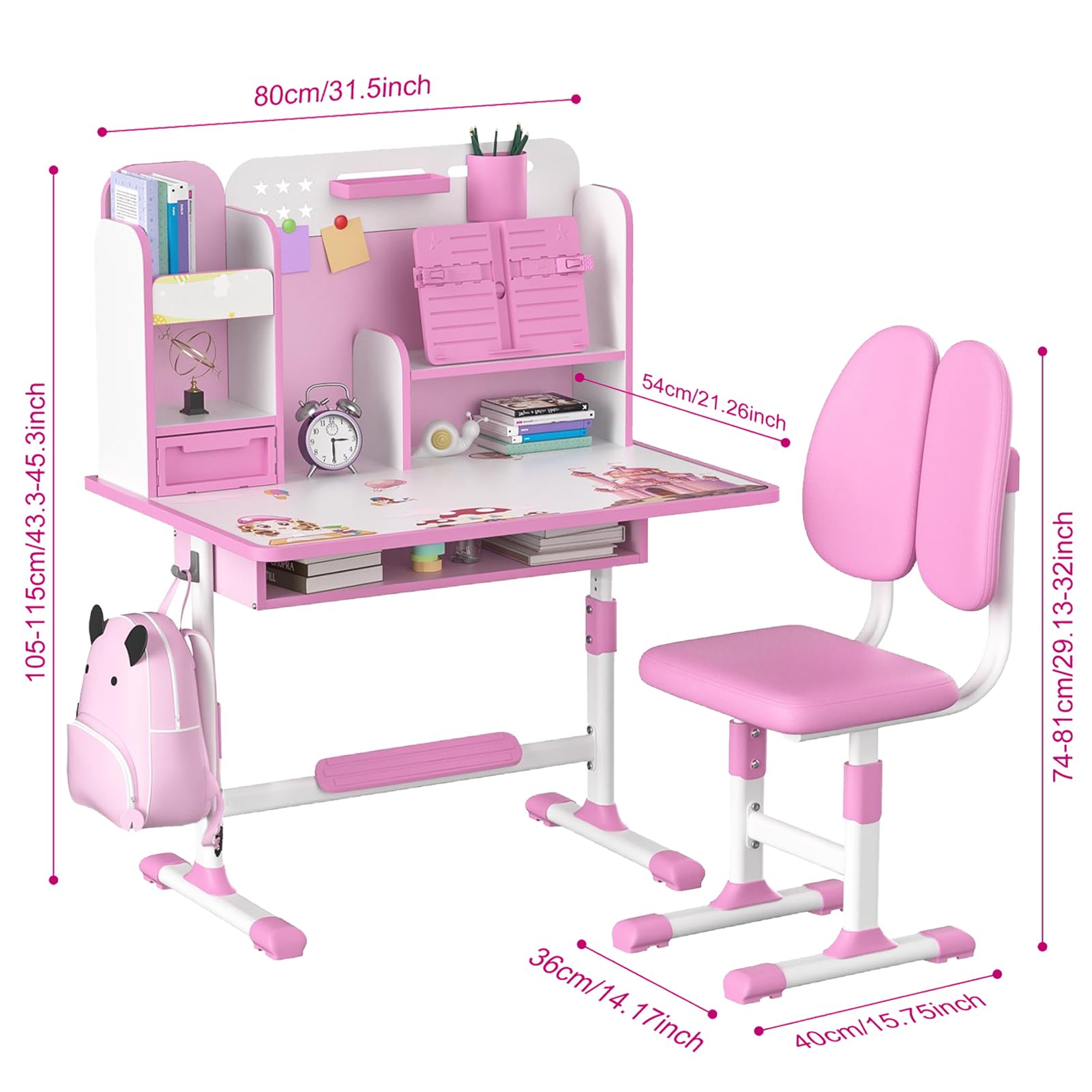 Kids Study Table and Chair Set, 2Pcs/Set Ergonomic Desk Chair with Book Stand, Height Adjustable Children School Study Table Chair Set with Sitting Corrector, Foot Pedal Partition Design (Pink)