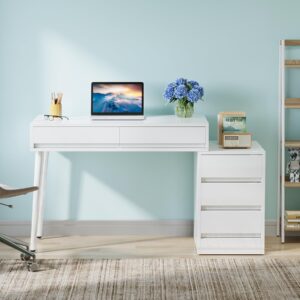 Tribesigns White Desk with 5 Drawers, High Gloss White Modern Home Office Desk with Storage Drawers and Printer Stand, Reversible Computer Desk Vanity Desk for Bedroom, Living Room