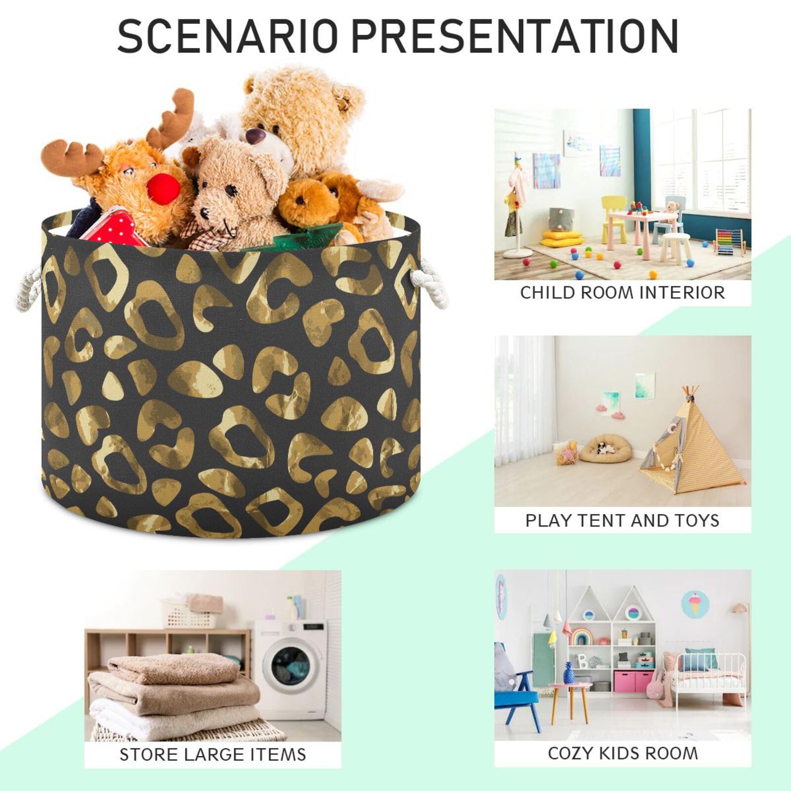 Krafig Gold Leopard Print Pattern Round Collapsible Storage Basket, Large Toy Storage, Laundry Baskets, Open Home Storage Bins for Toy Organizer, Home Decor, Clothes, Toys