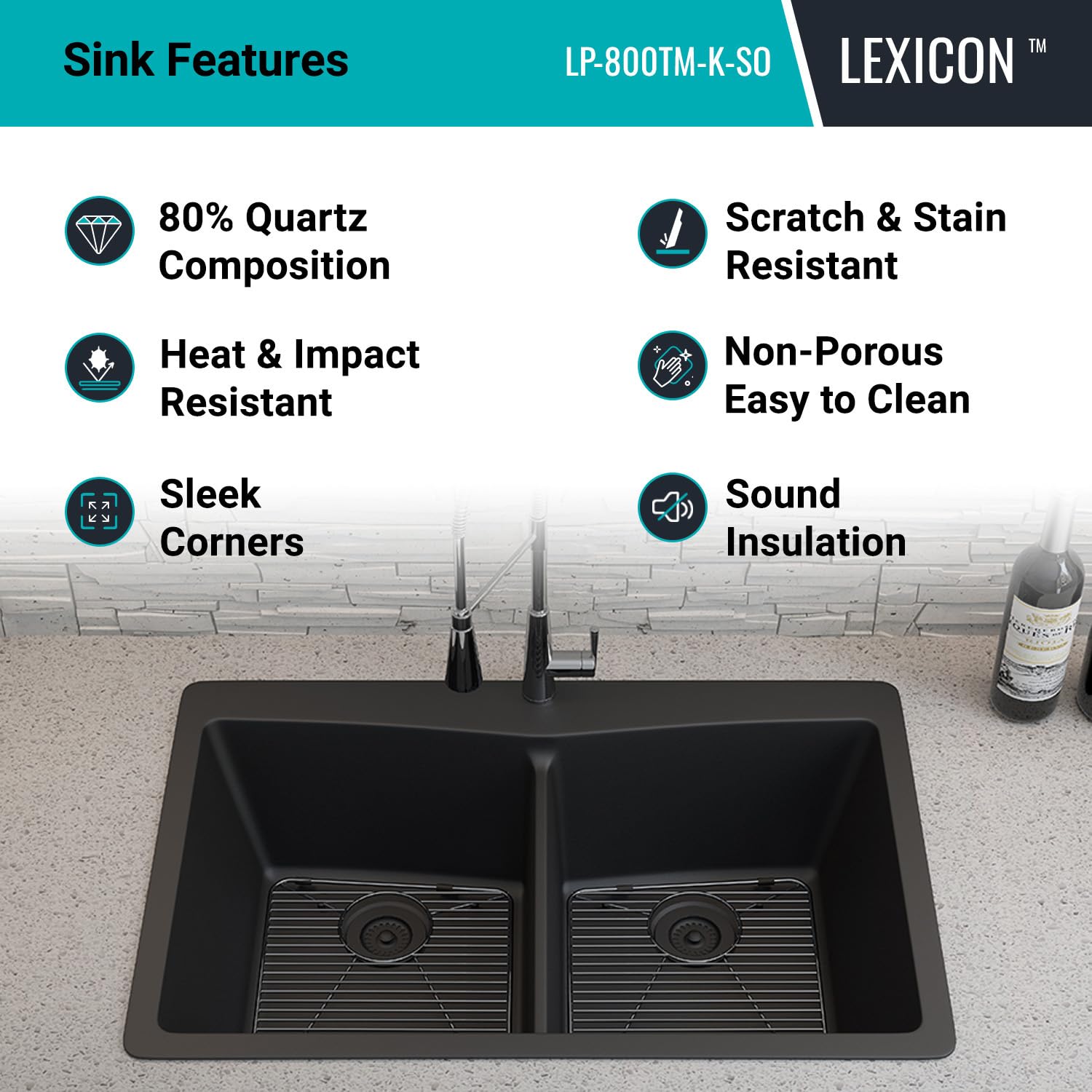 33" x 22" Quartz Kitchen Sink, Double Bowl Kitchen Sinks, Drop in sink, large sinks Quartz Undermount Kitchen Sink, Galaxy Black Kitchen Sink, Double Sink Kitchen, Lexicon Platinum LP-800TM-K-SO