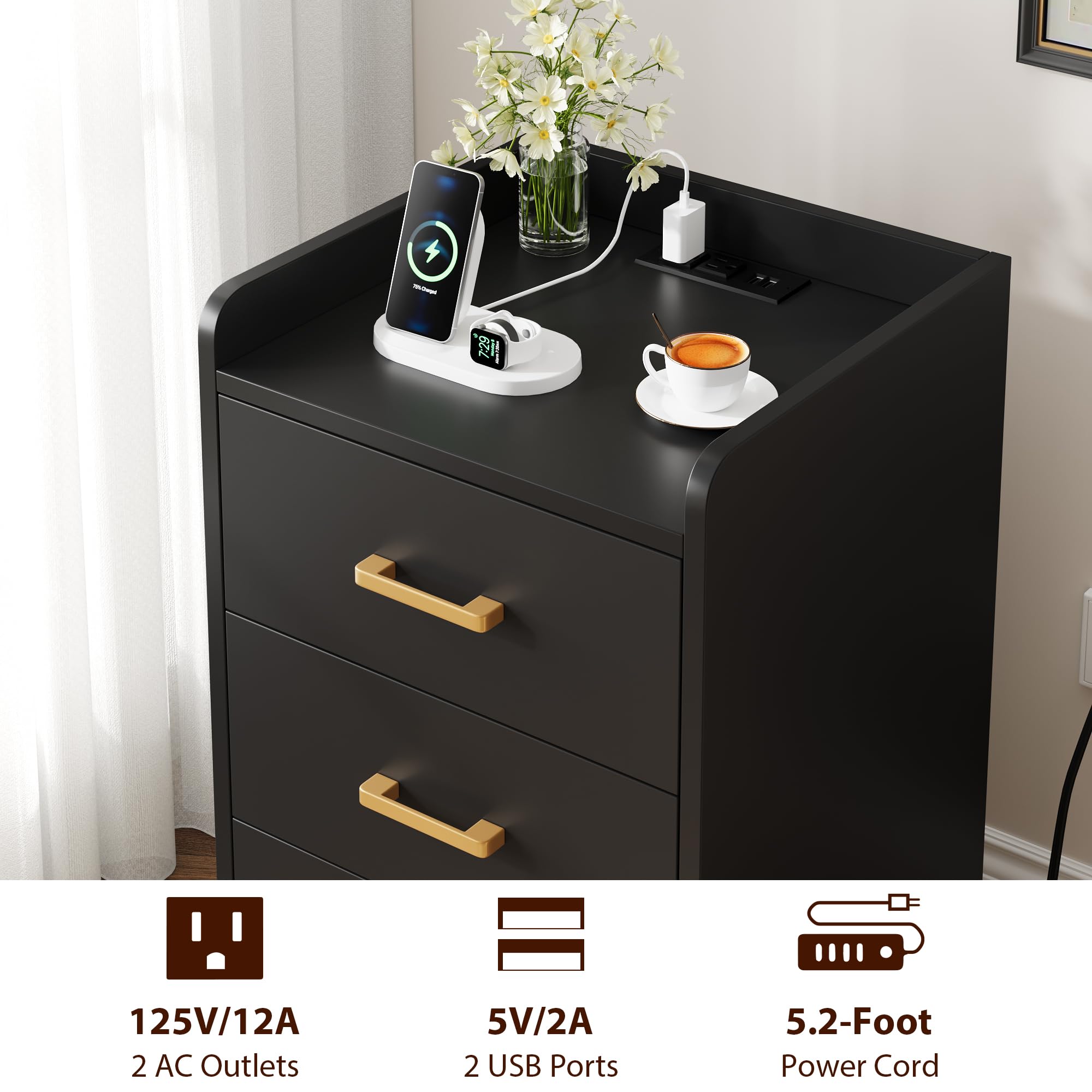 FOTOSOK Nightstands Set of 2 Black Nightstand with Charging Station, 3 Drawer Nightstand with Gold Handles, Black Nightstand for Bedroom, Modern Design End Side Table for Home, Office