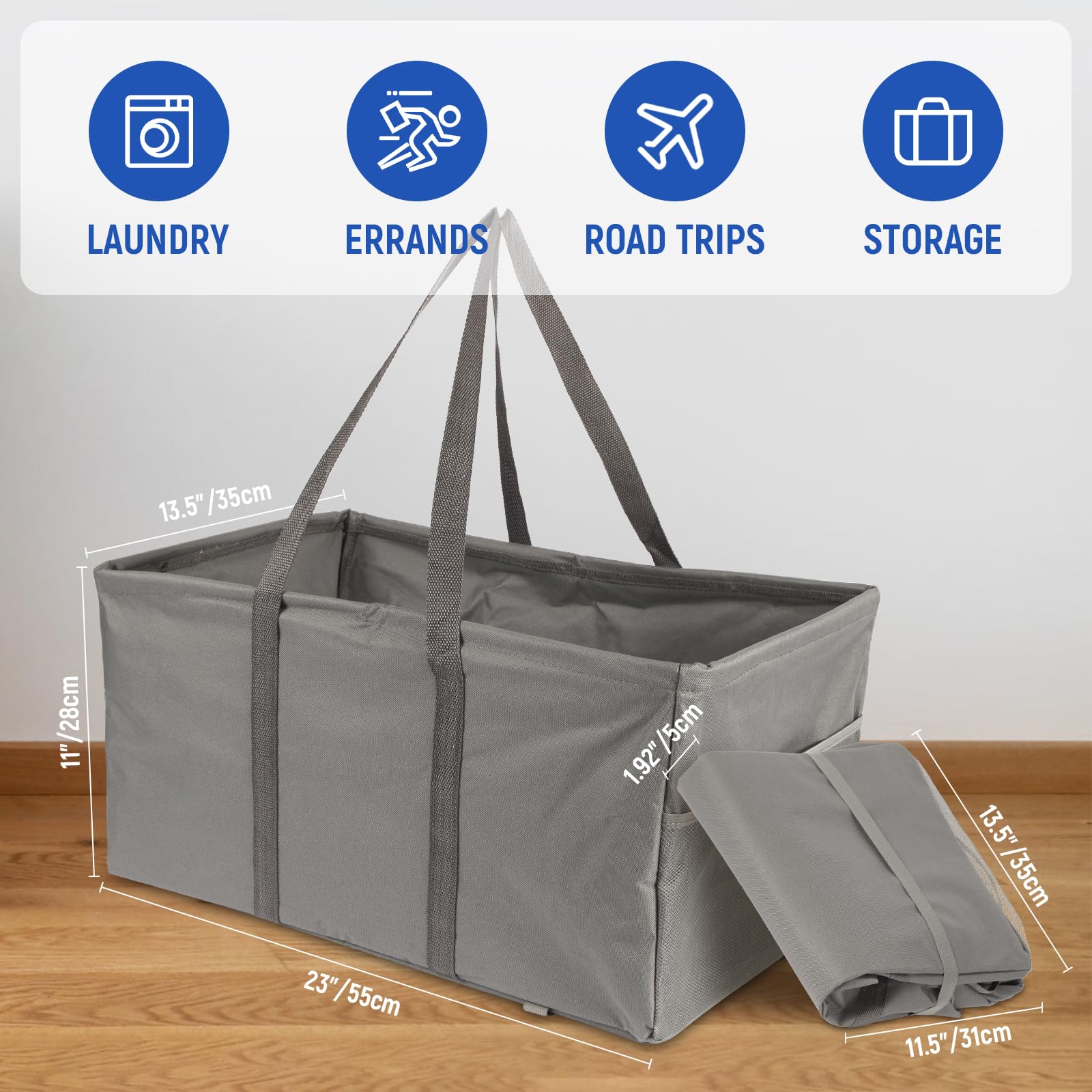 Collapsible Reusable Grocery Bags, Foldable Shopping Tote Bags with Handles, Large Utility Tote Bag with Handy Pockets, Sturdy Grocery Basket for Kitchen, Shopping, Laundry, Travel, Campout Grey