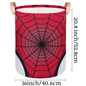 Large Laundry Hamper Basket Red Spider Web Round Collapsible Storage Organizer Bin for Kids, Boys, Nursery, Closet, Bedroom, Playroom, Toys, Dirty Clothes, 16"W x 20"H