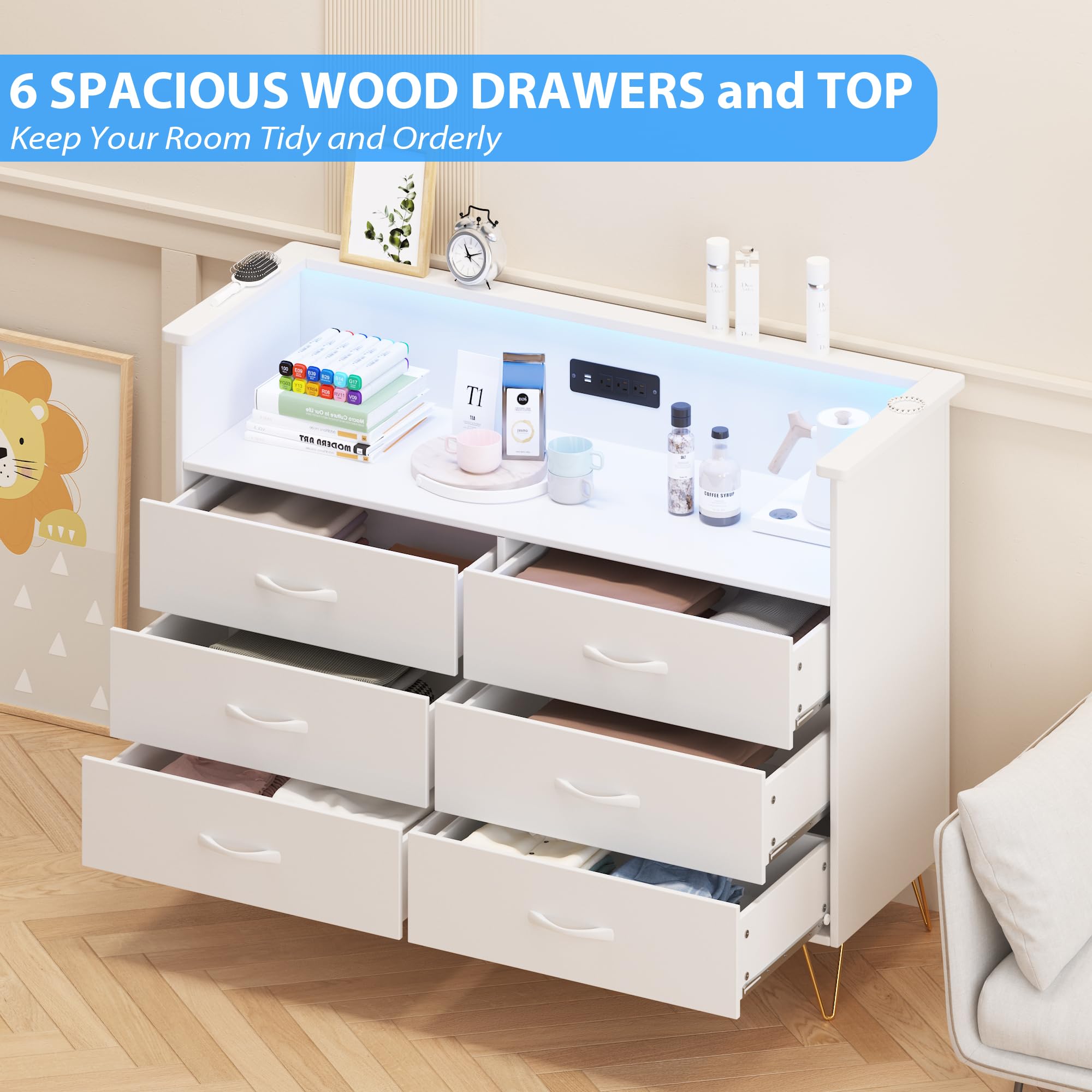 White Dresser for Bedroom with Power Outlet & LED Light, 6 Wooden Drawers Dressers with 2-Tier Open Shelves, Modern Chest of Double Wide Drawers for Living Room, Entryway, Hallway TV Stand