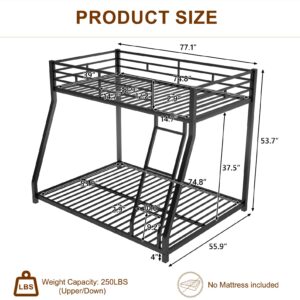 ROCKINGRUN Metal Bunk Bed Twin Over Full Size, Heavy Duty Twin Over Full Bunk Beds with Safety 12.2" Full Length Guardrail and Sturdy Ladder for Adults,Teens,Kids,No Box Spring Needed,Black