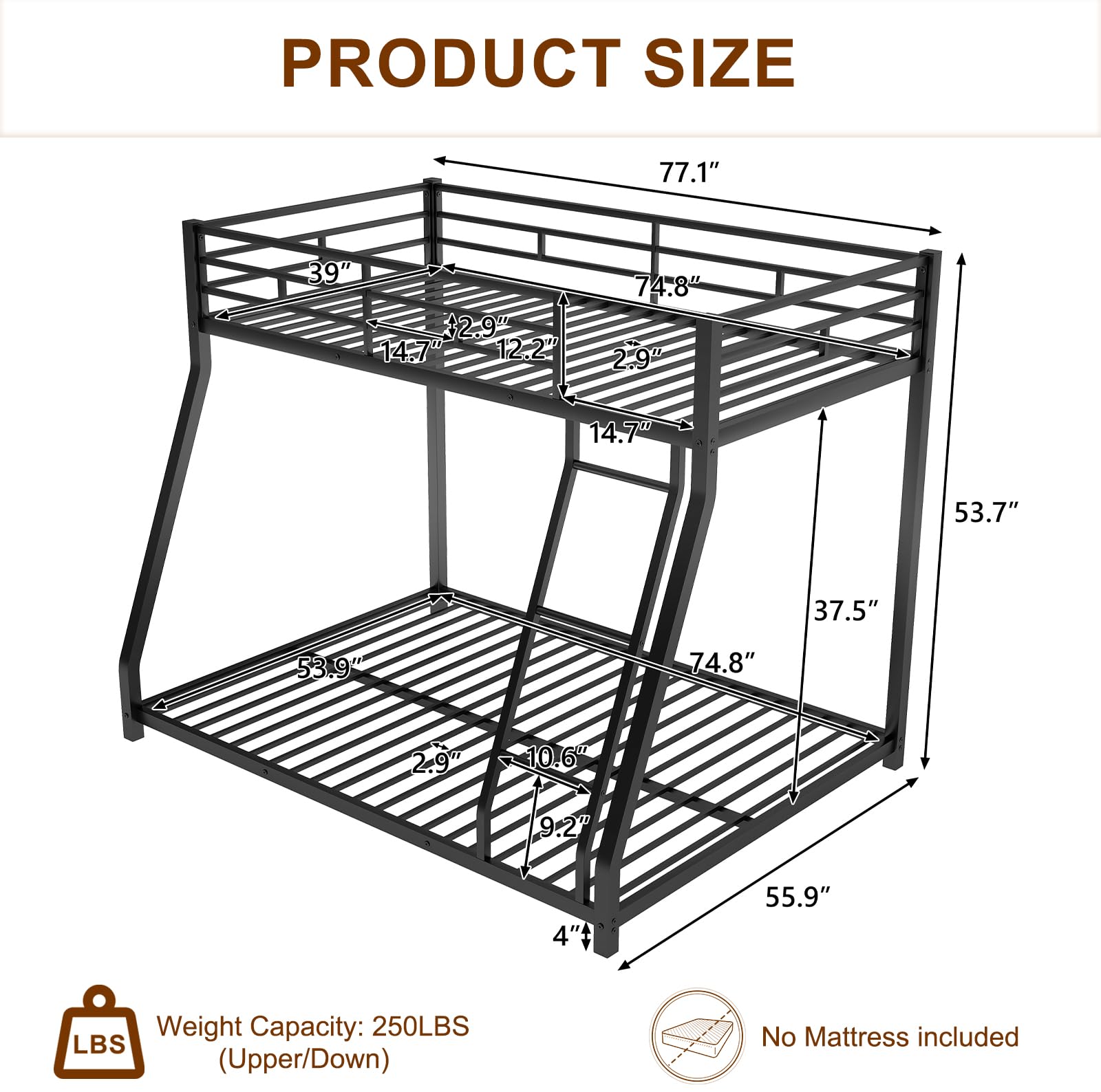 ROCKINGRUN Metal Bunk Bed Twin Over Full Size, Heavy Duty Twin Over Full Bunk Beds with Safety 12.2" Full Length Guardrail and Sturdy Ladder for Adults,Teens,Kids,No Box Spring Needed,Black