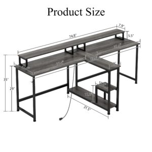 COTUBLR Two Person Desk with Monitor Stand, 83.7 Inch Extra Long Computer Desk 2 Person Desk with Storage Shelves, Double Long Desk Study Writing Desk Workstation for Home Office, Grey Oak