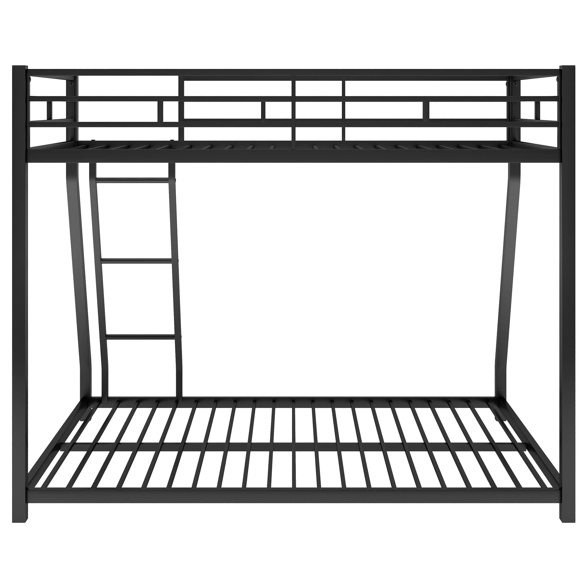 ROCKINGRUN Metal Bunk Bed Twin Over Full Size, Heavy Duty Twin Over Full Bunk Beds with Safety 12.2" Full Length Guardrail and Sturdy Ladder for Adults,Teens,Kids,No Box Spring Needed,Black