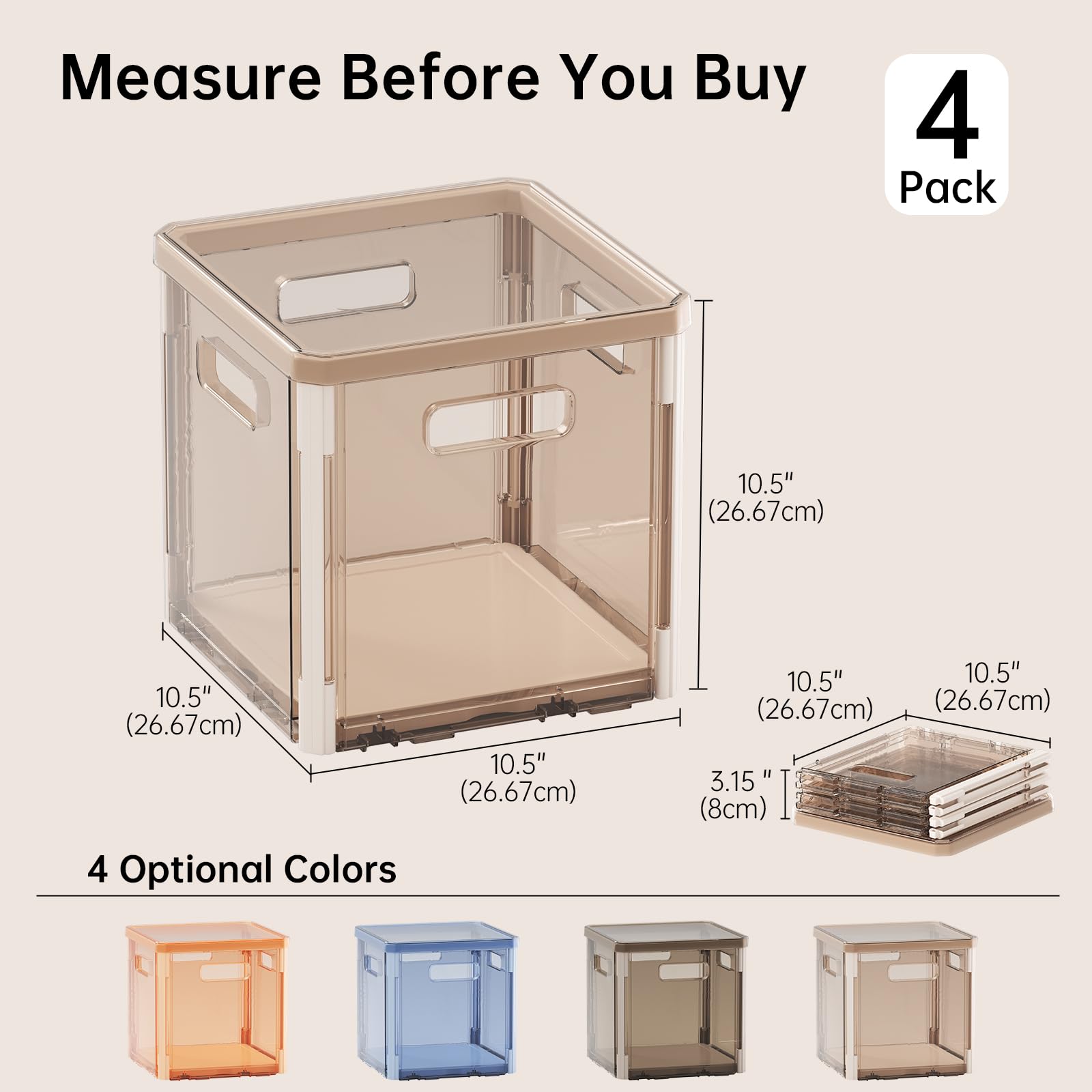 HAIXIN Stackable Storage Bins with Lid - Collapsible Storage Cube Plastic Multipurpose Containers See-through Storage Box for Cube Organizer Shelf Closet, 4 Pack (Beige, 10.5 Inch)