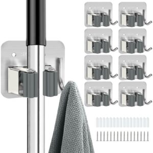 wensdr 8 pack broom holder wall mount, stainless steel broom holder with hooks screw, heavy duty & rust resistant, mop and broom holder wall mount for bathroom kitchen laundry room garage (silver)