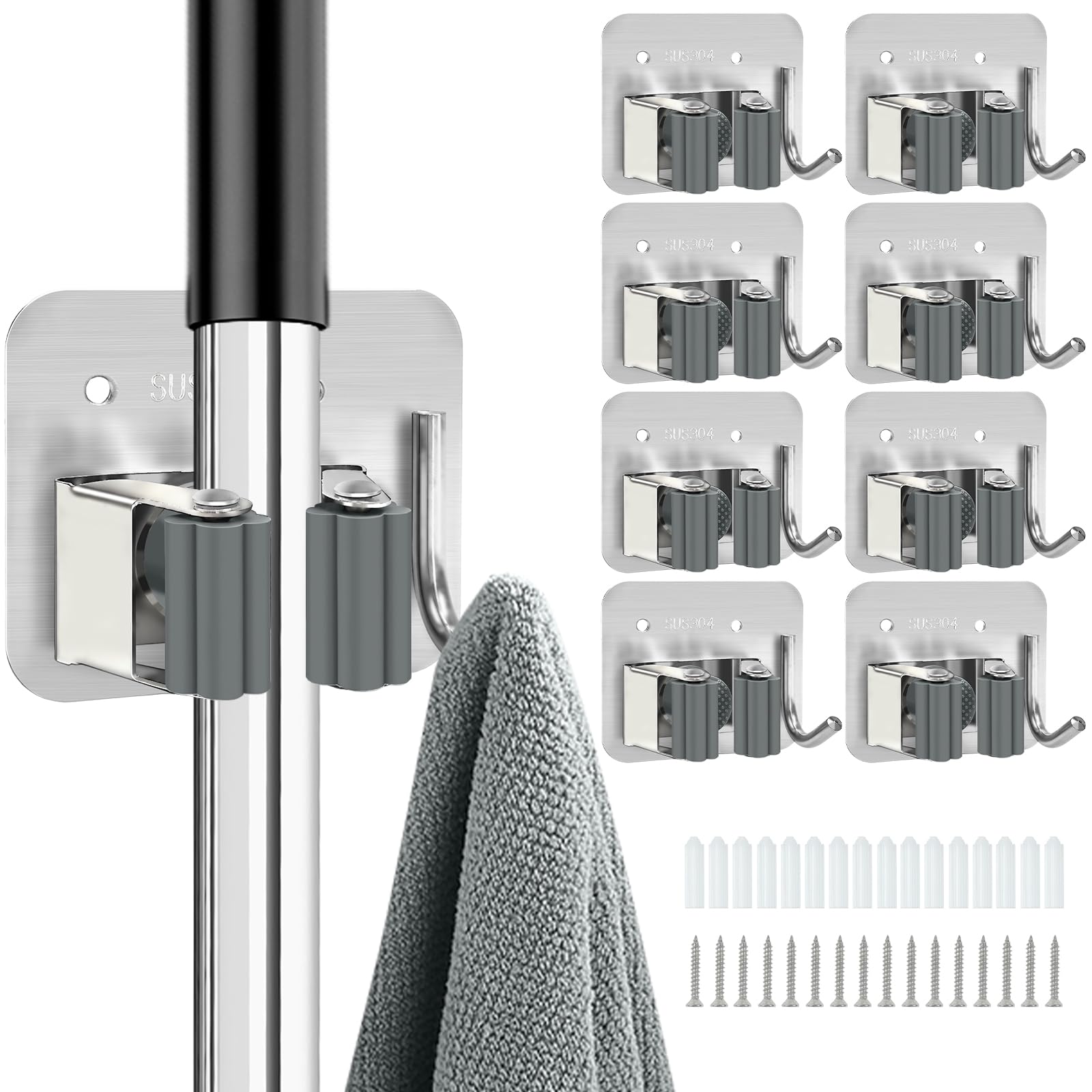 Wensdr 8 Pack Broom Holder Wall Mount, Stainless Steel Broom Holder with Hooks Screw, Heavy Duty & Rust Resistant, Mop and Broom Holder Wall Mount for Bathroom Kitchen Laundry Room Garage (Silver)