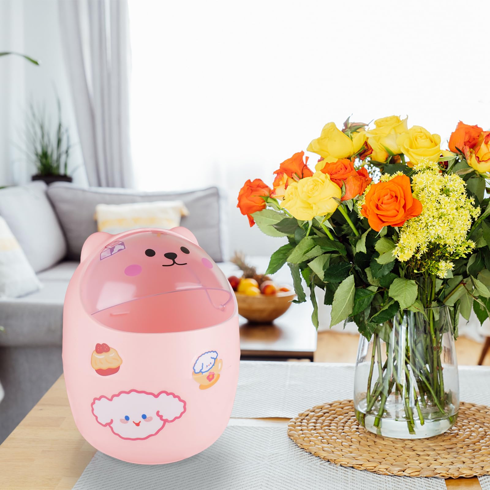 WCHOSOZH 2Pcs Cute Small Trash Can, Mini Kawaii Cartoon Animal Shape Garbage Cans with 4pcs Garbage Bags and 2pcs Stickers, Countertop Rubbish Storage Bin with Swing Lid for Kitchen,Desk (Yellow-Blue)