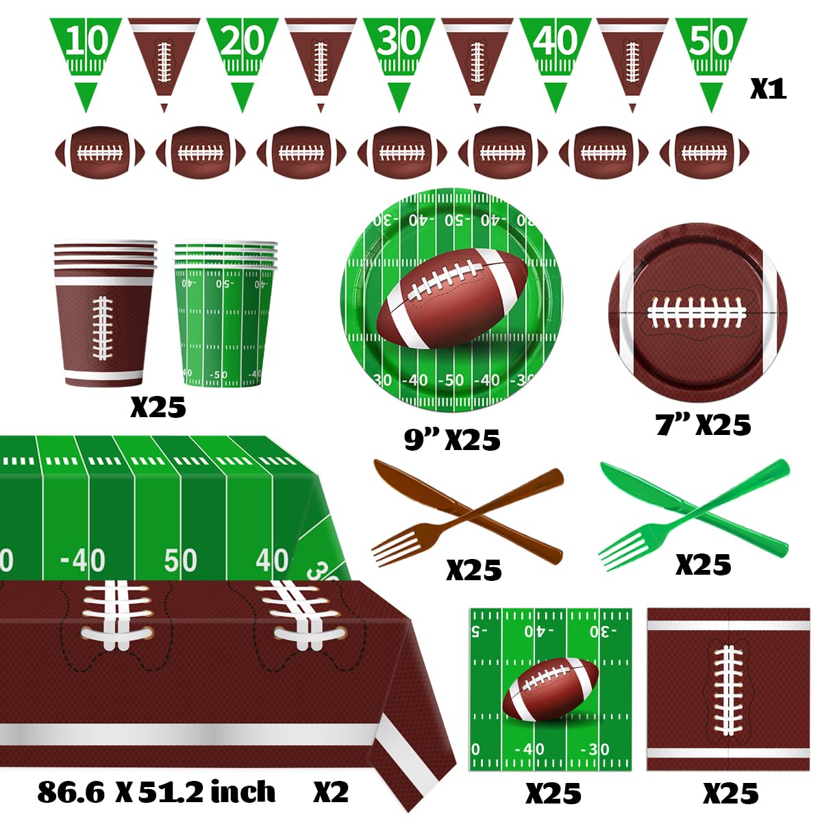 178Pcs Football Party Supplies-Football Plates and Napkins Kit Serve 25,Football Themed Tableware for Birthday,Game Day Party