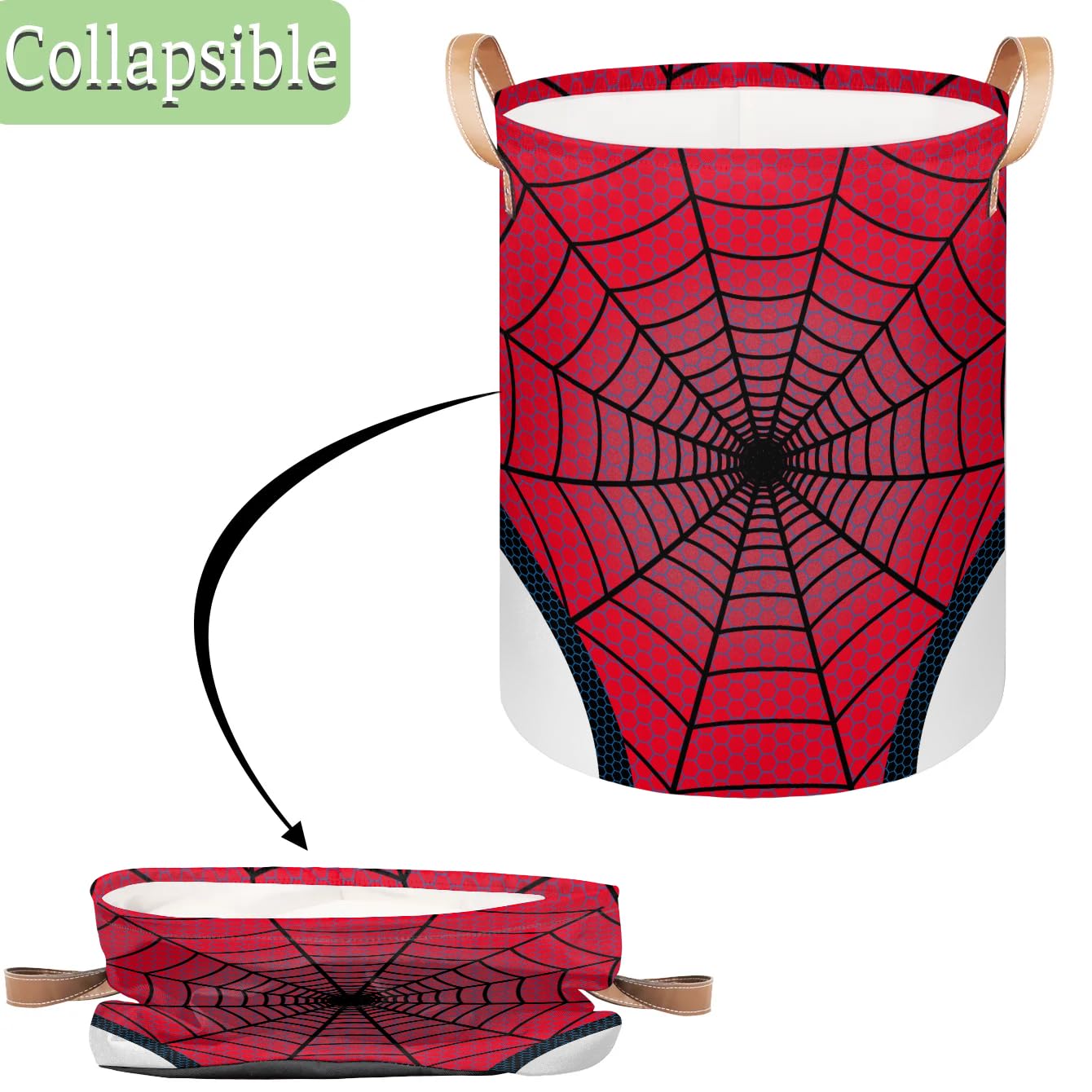 Large Laundry Hamper Basket Red Spider Web Round Collapsible Storage Organizer Bin for Kids, Boys, Nursery, Closet, Bedroom, Playroom, Toys, Dirty Clothes, 16"W x 20"H