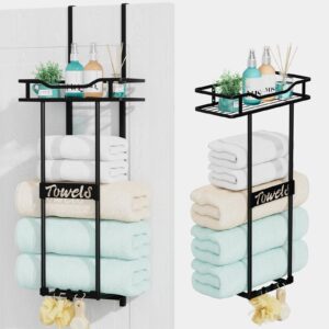 hapirm over door towel rack - towel racks for bathroom wall mounted or over the door, towel holder with metal shelf basket and hooks design, rolled towel storage organizer for small bathroom, black