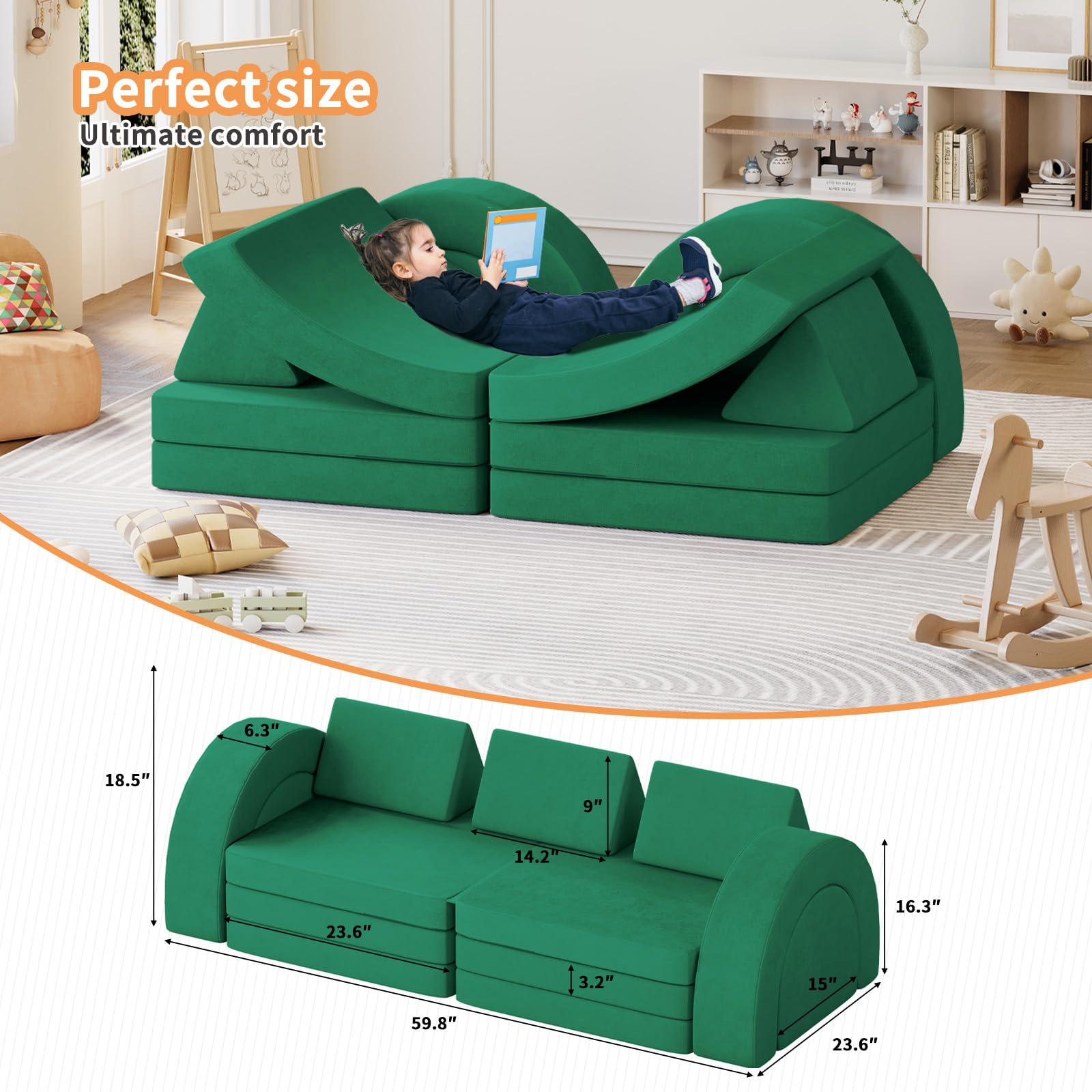 Neoriver Kids Couch, 13PCS Large Modular Kids Play Couch with 2 Tunnels, Fold Out Toddler Couch for Playroom Bedroom, Over 30 Creative Gameplay Kids Sectional Foam Sofa for Boys and Girls, Green