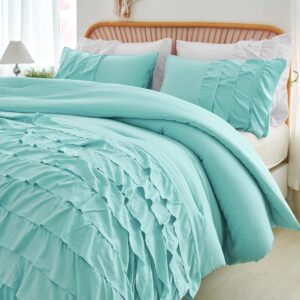 PERFEMET Teal Boho Full Size Bedding Sets for Girls, Multi Layers Ruffle Kids Comforter Set, Washed Microfiber Princess Bed Set, Farmhouse Fluffy Boho Preppy Bedding Set (Teal,Full)