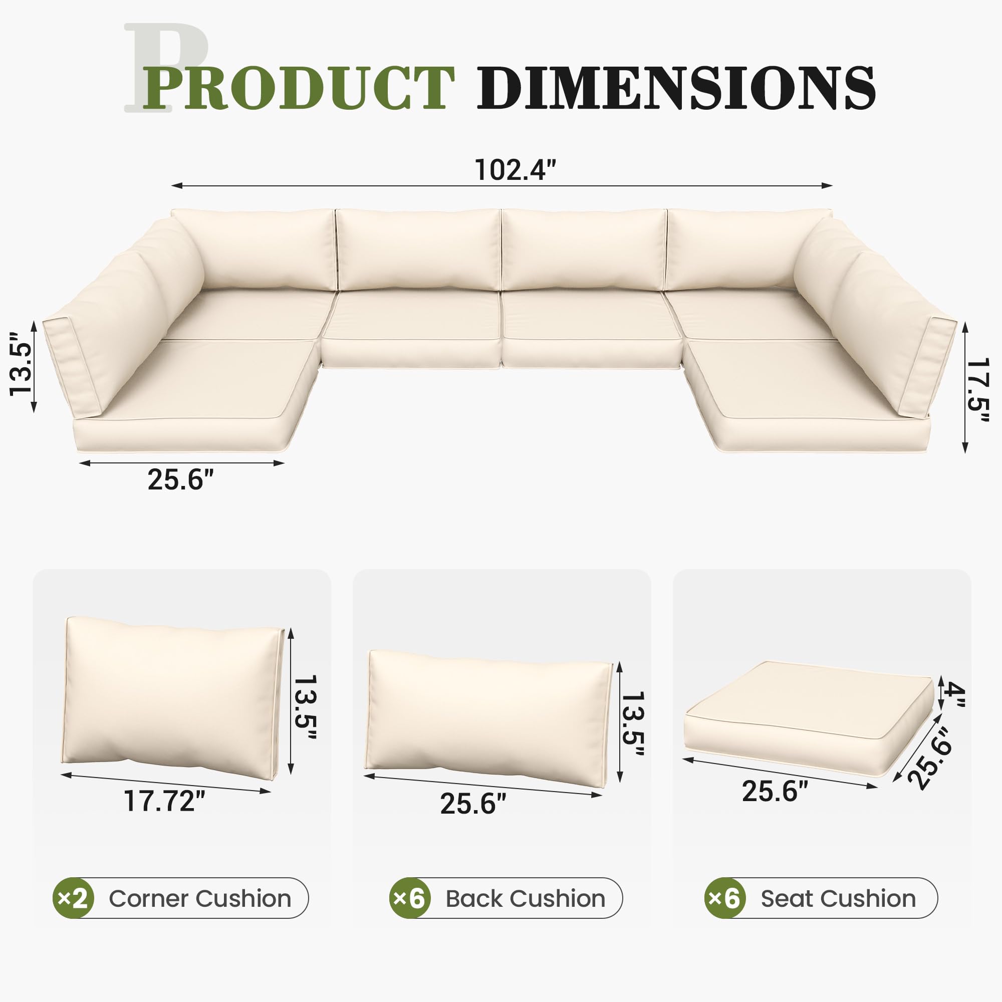 VONZOY Outdoor Furniture Cushions, Patio Replacement Cushions for Furniture Set, 14 Pieces Water-Resistant Patio Sofa Cushions Fits 6-seat Sectional Couch(Cream)