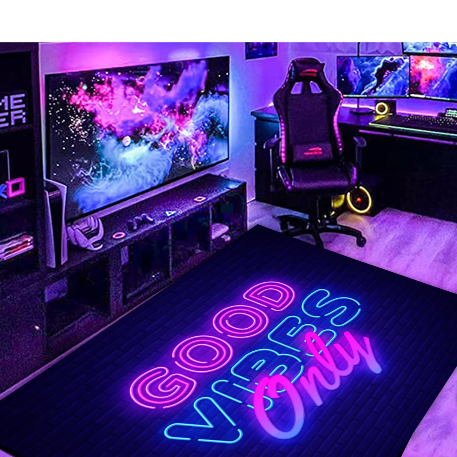 Manicer Neon Area Rug, Blacklight Good Vibes Only UV Reactive Non-Slip Door Throw Rug Fluorescent Flannel Floor Mat Carpet, Glow in The Dark Play Mat for Bedroom, Playroom - 19.7" x 31.5"