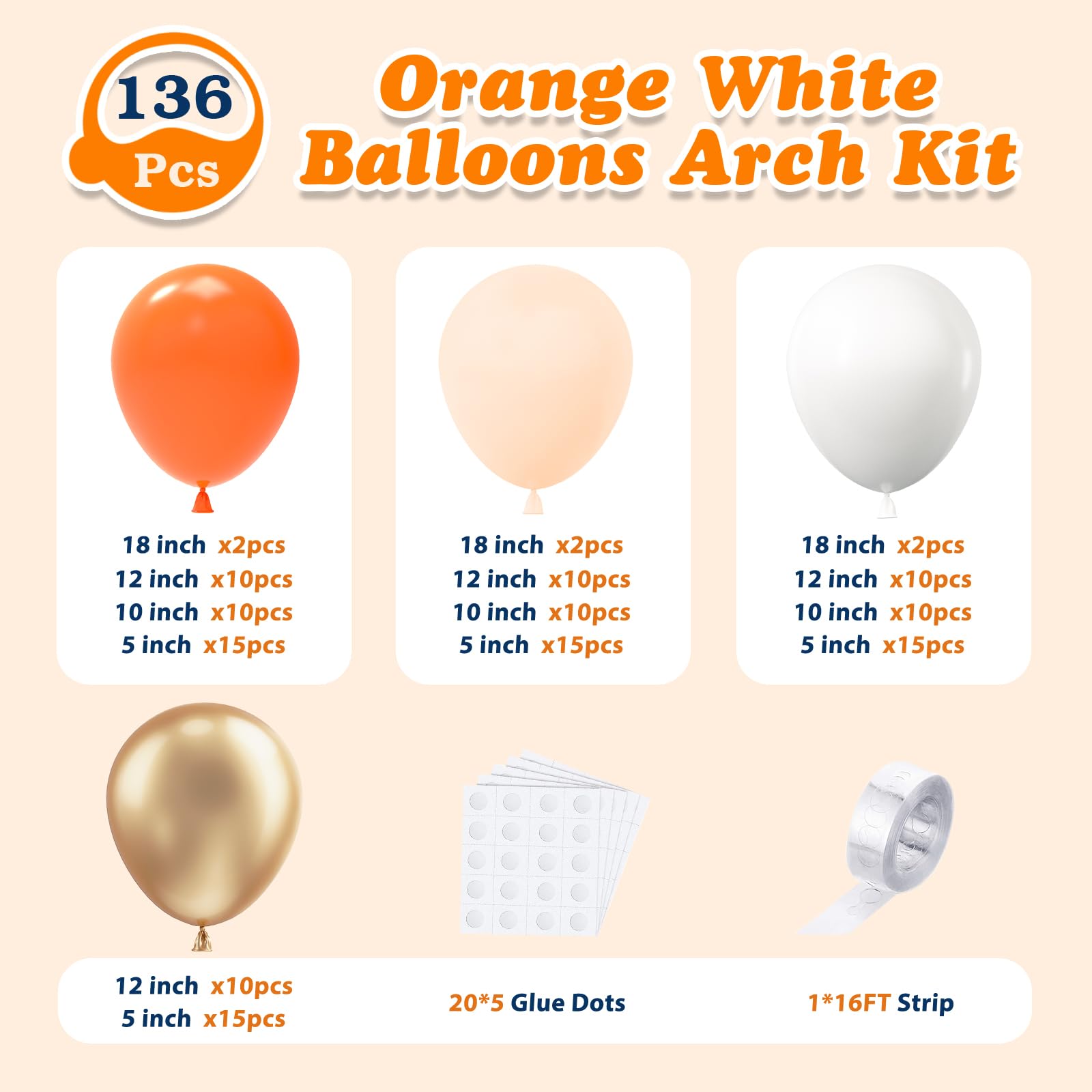 136Pcs Thanksgiving Fall Balloons Garland Arch Kit - 5 10 12 18 inch Orange Pastel Orange Gold and White Balloons for Fall Baby Shower Birthday ThanksGiving Pumpkin Themed Party Decorations