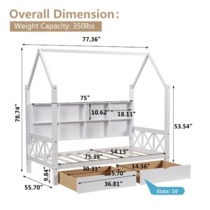 HUMEHA Full House Bed with Roof and 2 Storage Drawers for Kids, Wooden Full Size Bed Frame with Storage Shelves Guardrails and Wood Slats for Boys Girls,No Box Spring Required, White