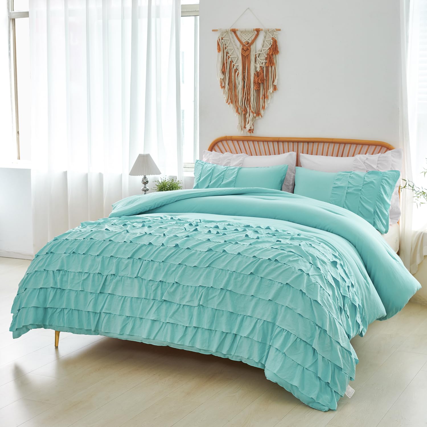 PERFEMET Teal Boho Full Size Bedding Sets for Girls, Multi Layers Ruffle Kids Comforter Set, Washed Microfiber Princess Bed Set, Farmhouse Fluffy Boho Preppy Bedding Set (Teal,Full)