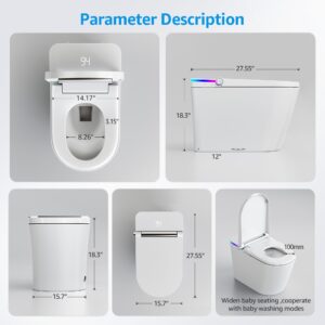 Tankless Smart Toilet with Built-In Bidet, Heated Seat, Warm Water and Dry, Simple Installation, with Foot Sensor and Night Light, Auto Flush, Auto Open & Close Lid, Wireless Remote Control