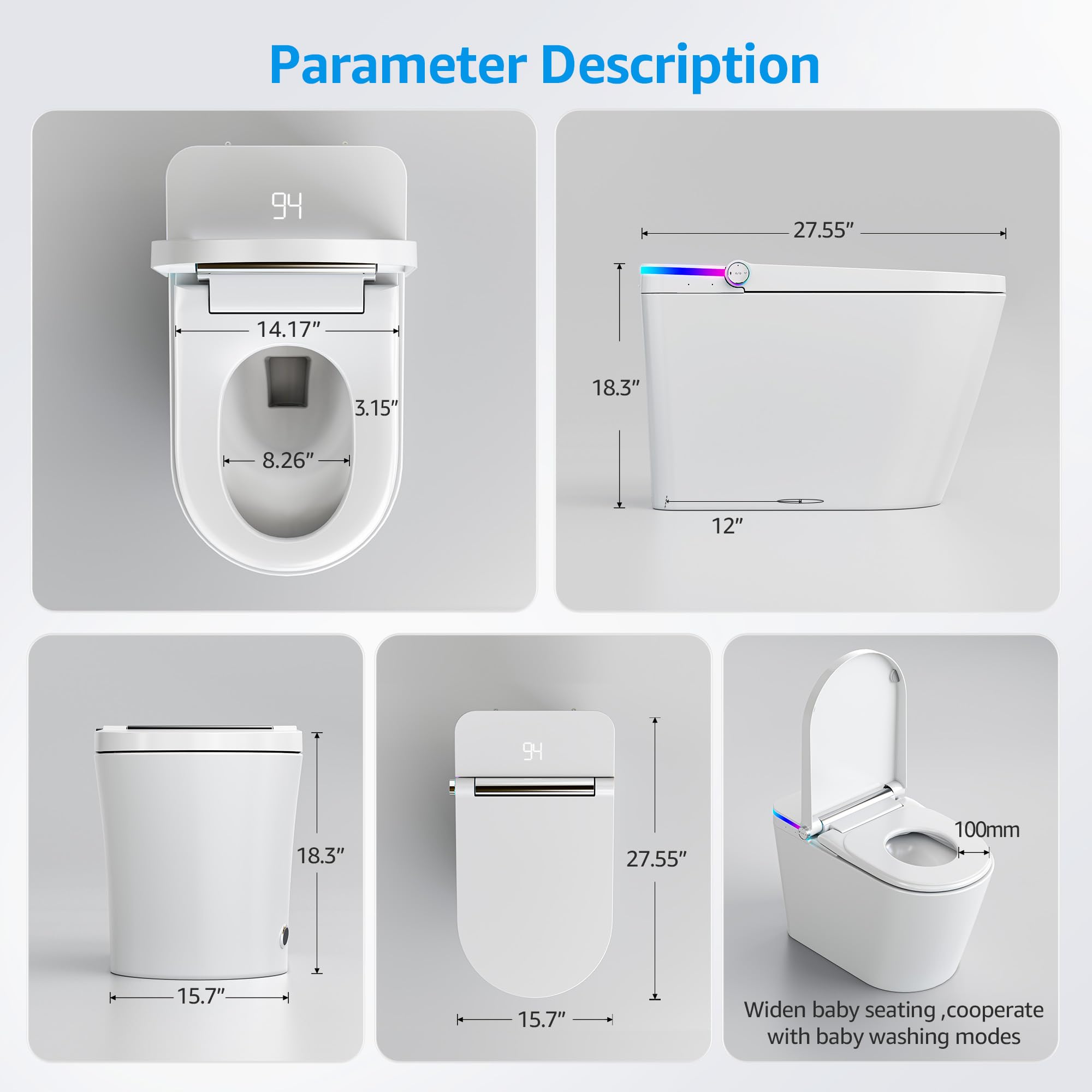 Tankless Smart Toilet with Built-In Bidet, Heated Seat, Warm Water and Dry, Simple Installation, with Foot Sensor and Night Light, Auto Flush, Auto Open & Close Lid, Wireless Remote Control