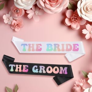 Diartpaint Iridescent The Bride and The Groom Engagement Sash, Holographic Foil Shiny Satin Sash for Bridal Shower Bachelorette Wedding Party Decorations Favors Accessories