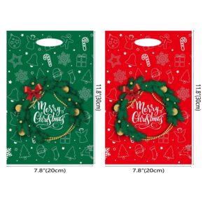 jabberwpacking 100pcs Christmas Gift Bags 7.8"x11.8" Medium Plastic Christmas Gift Wrapping Bags for Gifts Presents Xmas Holiday Party