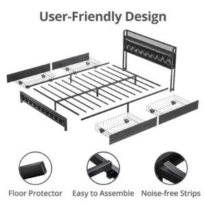 EvaStar Home Queen Bed Frame with 4 Storage Drawers, Charging Station and LED Lights, Upholstered Headboard with Storage Shelves, Heavy Duty Metal Slats, Noise Free, Easy Assembly, Black