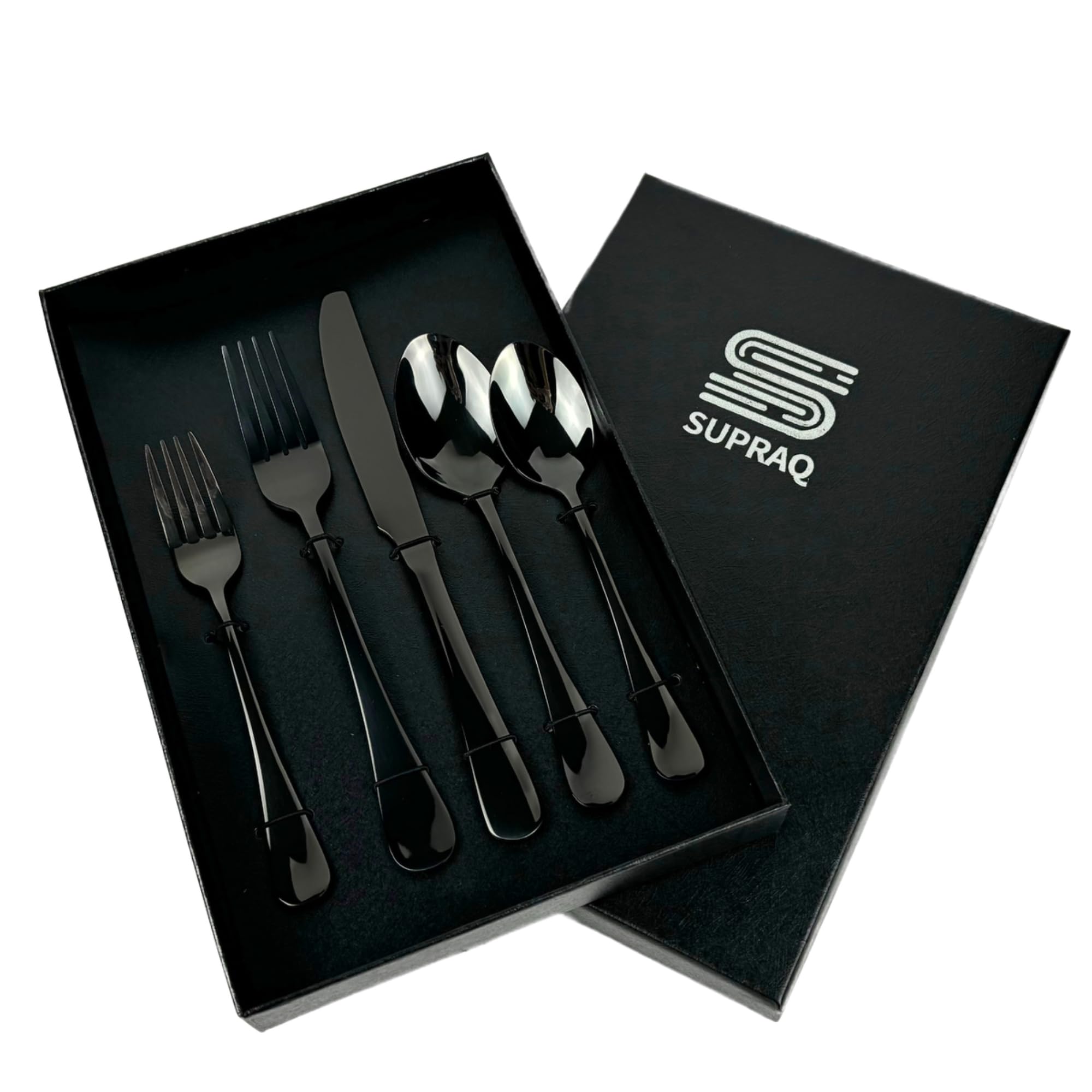 SUPRAQ Kitchen Utensil Stainless Steel Cutlery Set 5 Pieces - 2 Spoons, 2 Forks and 1 Knife (Black)