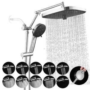 10+9 functions high pressure rain/rainfall shower heads with handheld spray combo(built-in power wash mode), 10 inch double/dual shower head with handheld - height/angle adjustable(polished chrome)