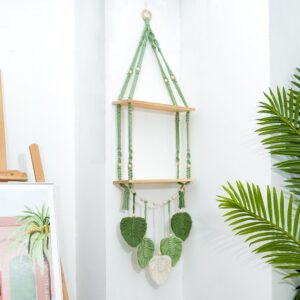 macrakido - macrame wall hanging 2-tier shelf, boho floating wooden shelves with green woven rope and leaf decor,plant display for bedroom, dorm, nursery, living room, and bathroom wall decor