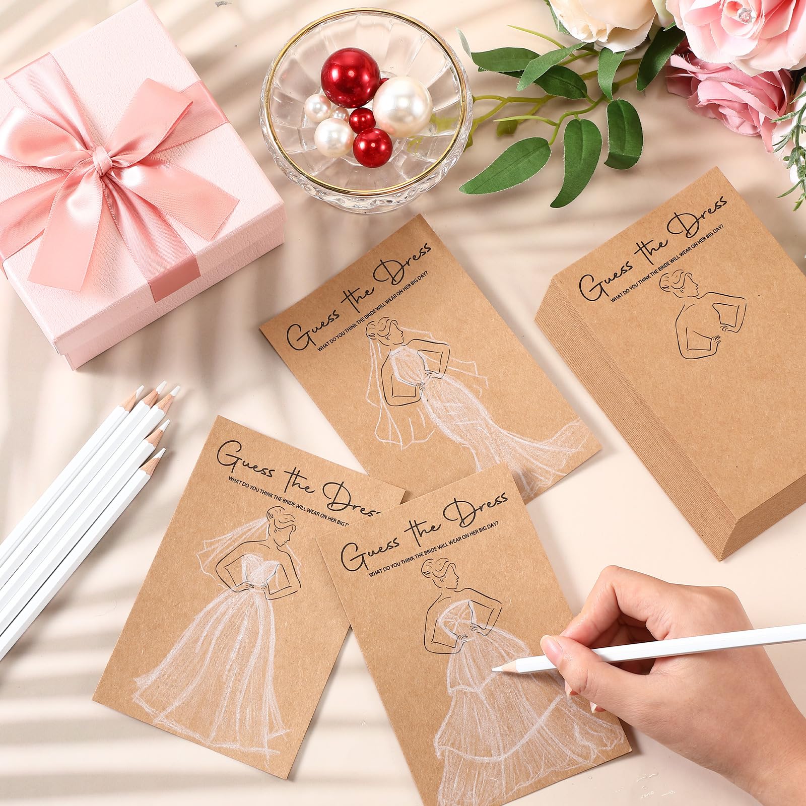 Sinload 30 Sets Guess the Dress Bridal Shower Games for Guests 30 Pcs Wedding Shower Games Cards 30 Water Soluble Pencils 30 Fun Heart Wooden Clip and 1 String Rope Wedding Party Supplies Games Ideas