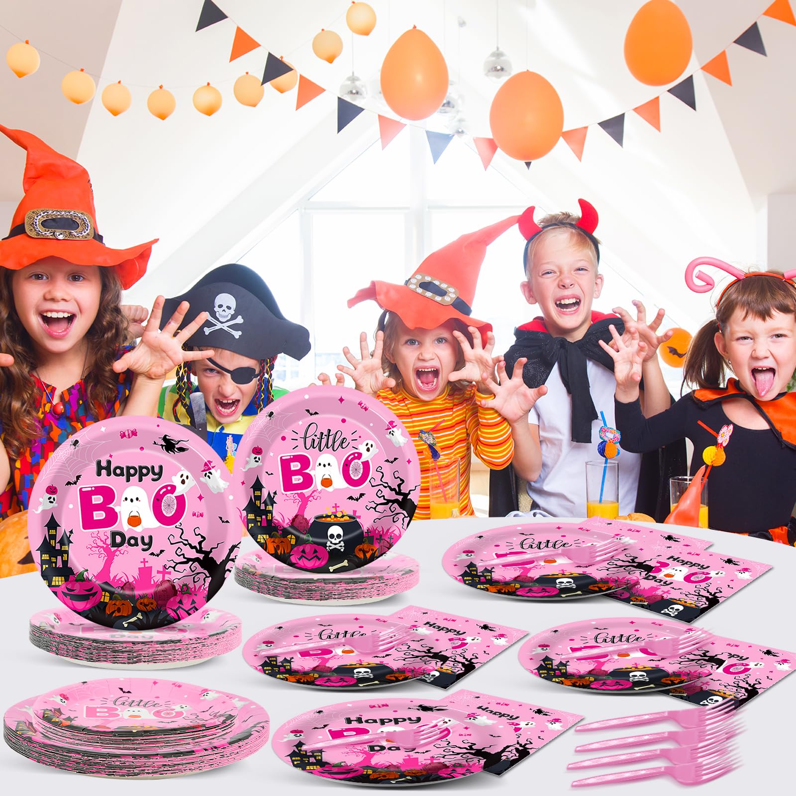 96Pcs Halloween Happy Boo Day Party Supplies Pink Ghost Pumpkin Paper Plates Napkins Ghost Theme Party Decoration Little Boo Ghost Dinnerware Party Favor Baby Shower Birthday Party Tableware Serves 24