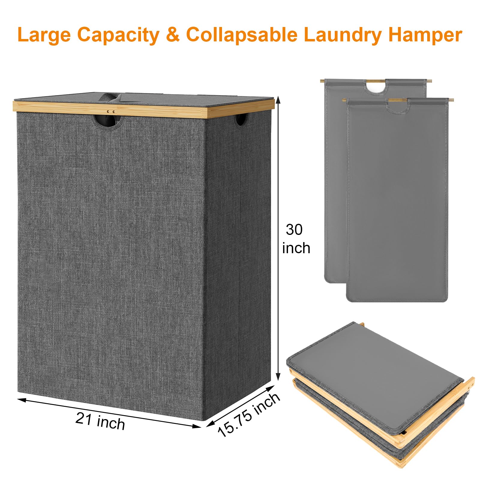 WOWLIVE 165L Double Laundry Hamper with Lid Bamboo Laundry Basket 2 Section,Large Dirty Clothes Hamper with Removable Laundry Bags,Laundry Bin Organizer Storage for Dorm,Bedroom,Bathroom,Gray