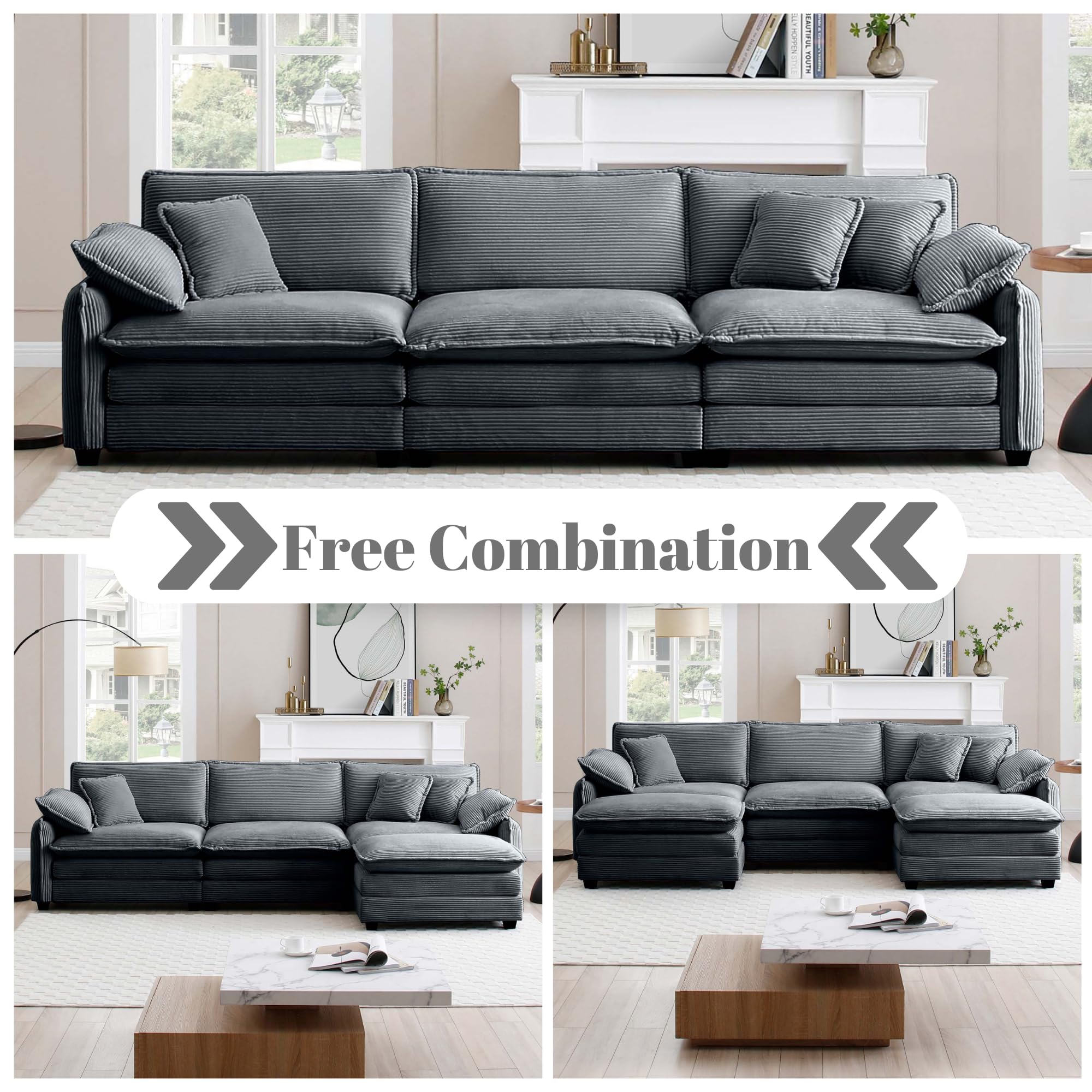 115" Modular Sectional Sofa,L Shaped Sectional Couches for Living Room,3-Seater Corduroy Upholstered Cloud Couches with Movable Ottoman and Deep Seats