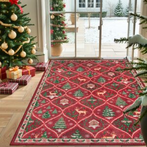 Lahome Christmas Living Room Rug, 5x7 Print Christmas Reindeer Rugs for Bedroom Aesthetic Large Washable Area Rug, Soft Christmas Tree Area Rug Stain Resistance Dining Room Rugs for Under Table (Red)