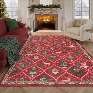 lahome christmas living room rug, 5x7 print christmas reindeer rugs for bedroom aesthetic large washable area rug, soft christmas tree area rug stain resistance dining room rugs for under table (red)