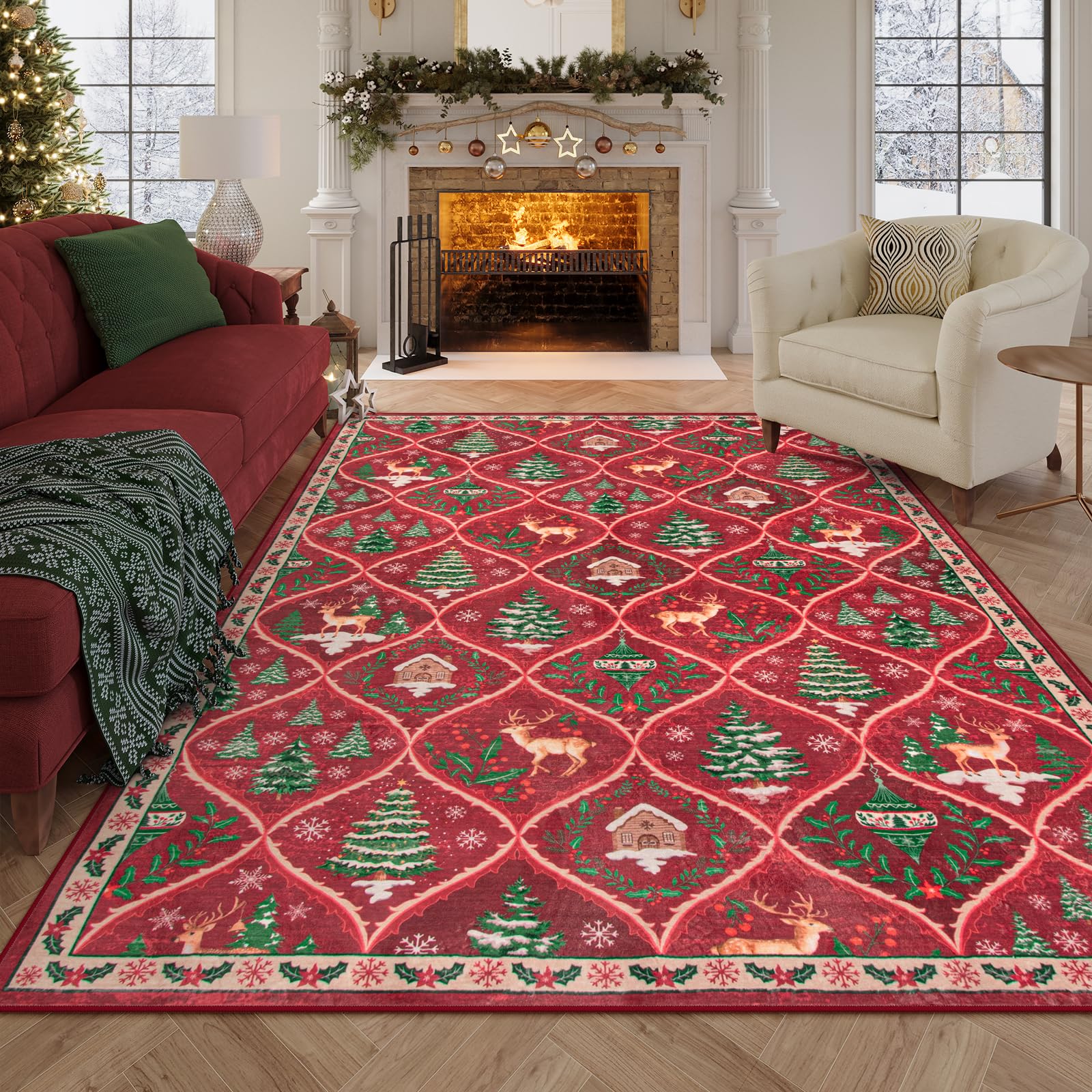 Lahome Christmas Living Room Rug, 5x7 Print Christmas Reindeer Rugs for Bedroom Aesthetic Large Washable Area Rug, Soft Christmas Tree Area Rug Stain Resistance Dining Room Rugs for Under Table (Red)