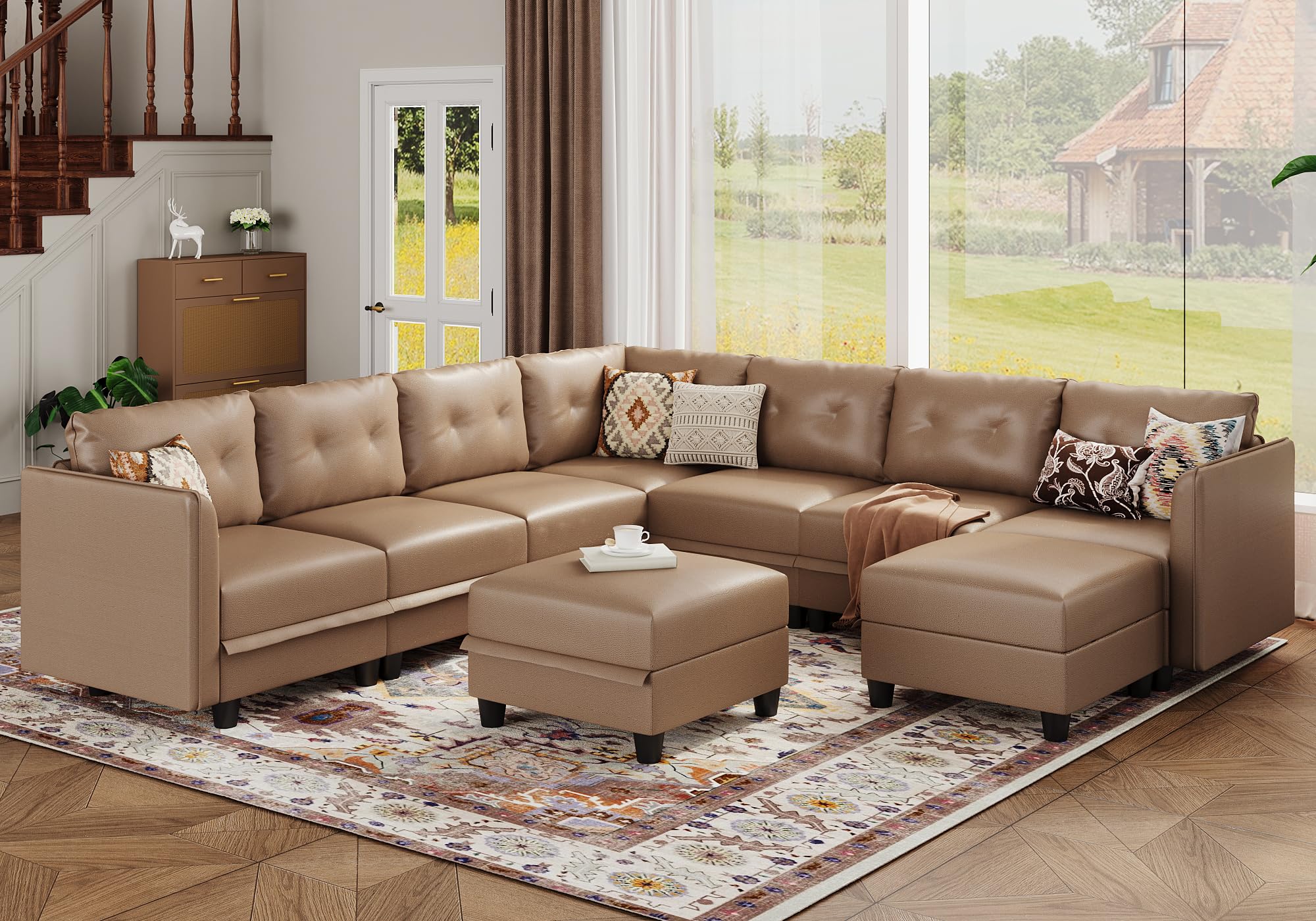 LLappuil Modular Sectional Sofa, Oversized U Shaped Sofa with Storage, Sectional Couch for Living Room, Faux Leather Fabric Waterproof Sofa, 8 Seats with Ottoman, Cognac Brown