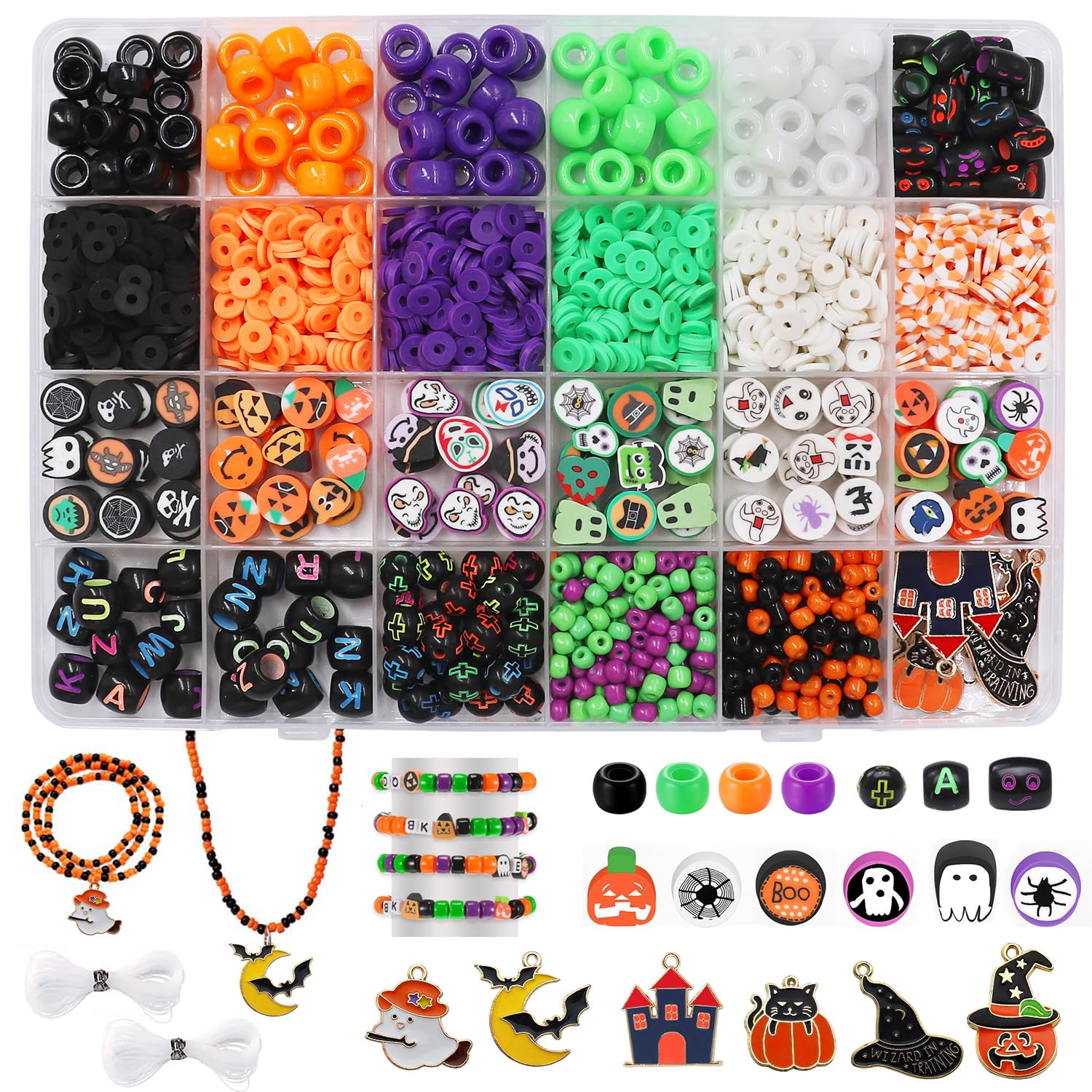 Ganepwns Halloween Clay Beads for Bracelet Making, Orange Black Beading kit with Moon Pumpkin Ghost Witch Hat Charms Pendants for Jewelry Making, DIY Craft Arts Halloween Gifts