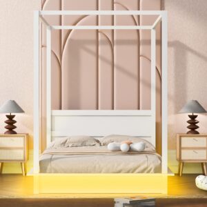 Harper & Bright Designs Full Size Canopy Bed with Headboard and LED Light, 4-Post Canopy Platform Bed Frame, Solid Wood Full Bed Frame for Kids Teens Adults - White