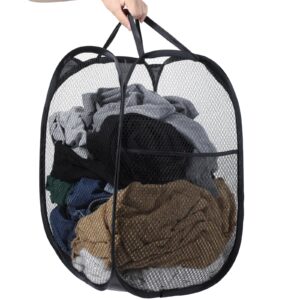 Gjinxi Strong Mesh Pop up Laundry Hamper Basket Large Collapsible Mesh Laundry Basket Pop Up Hamper Foldable Mesh Laundry Bag Travel Black Hamper Basket Pocket Storage with Handles