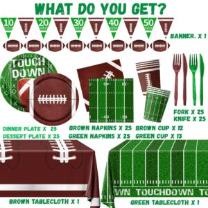 Football Party Supplies Kit Serve 25, 178Pcs Football Theme Party Decorations Includes Football Plates and Napkins Cups Banner Tablecloth for Football Birthday Game Day Tailgate Party Decorations