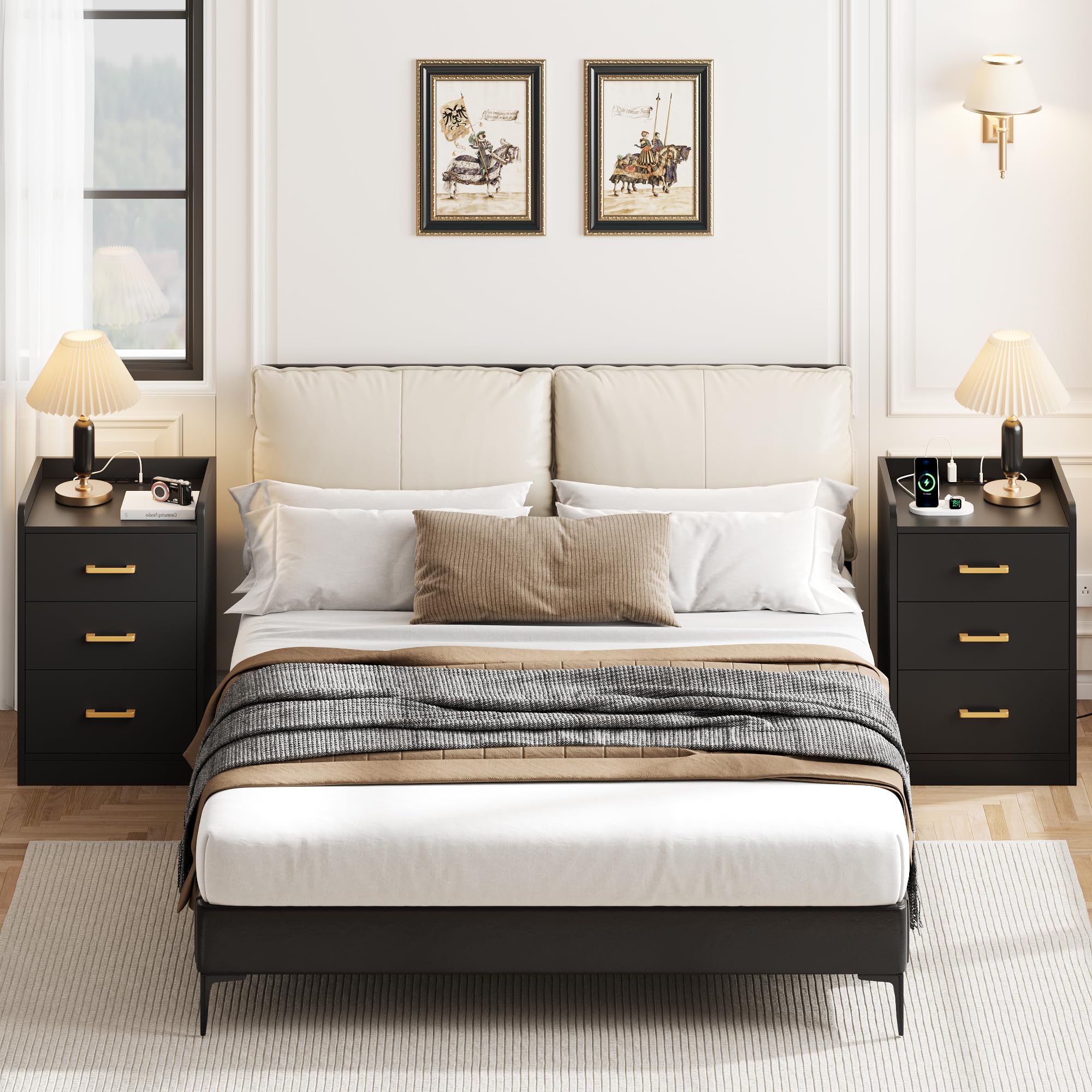 FOTOSOK Nightstands Set of 2 Black Nightstand with Charging Station, 3 Drawer Nightstand with Gold Handles, Black Nightstand for Bedroom, Modern Design End Side Table for Home, Office